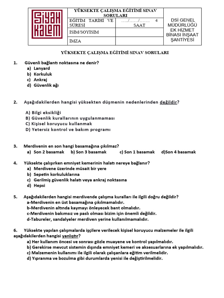 Yuksekte Çalişma Sinav Sorulari | PDF