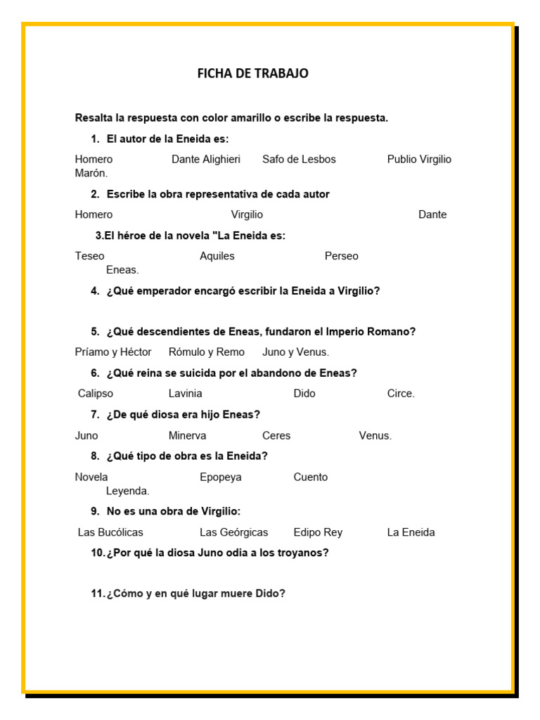 Ficha de Trabajo - La Eneida - 4 Sec Asís | PDF