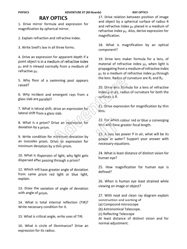 Boards Question Bank XII - Ray Optics | PDF | Optics | Refraction