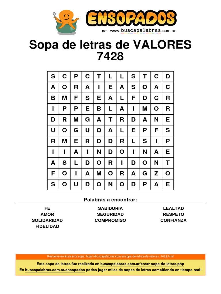 Sopa de Letras de Valores 7428 | PDF