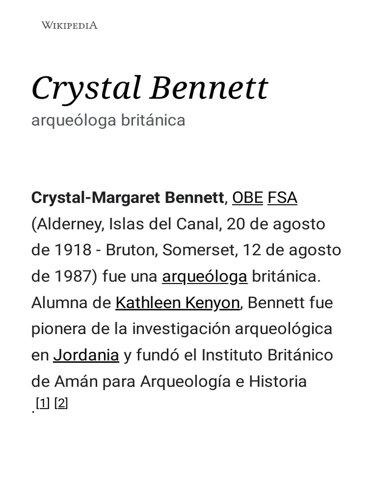 Crystal Bennett - Wikipedia, La Enciclopedia Libre | PDF | Arqueología | Arqueología Europea