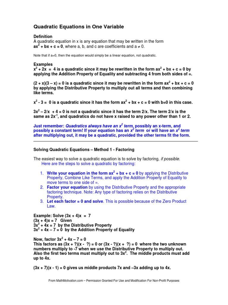 Quadratic Equations in One Variable: A Quadratic Equation in X Is Any ...