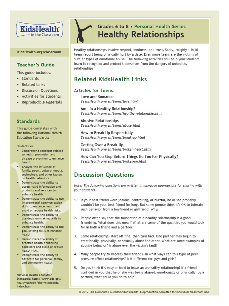 Teacher's Guide - Healthy Relationships (Grades 6 To 8) | PDF ...