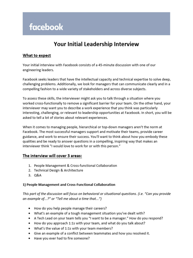 Facebook Initial Leadership Interview Prep | PDF | Leadership ...