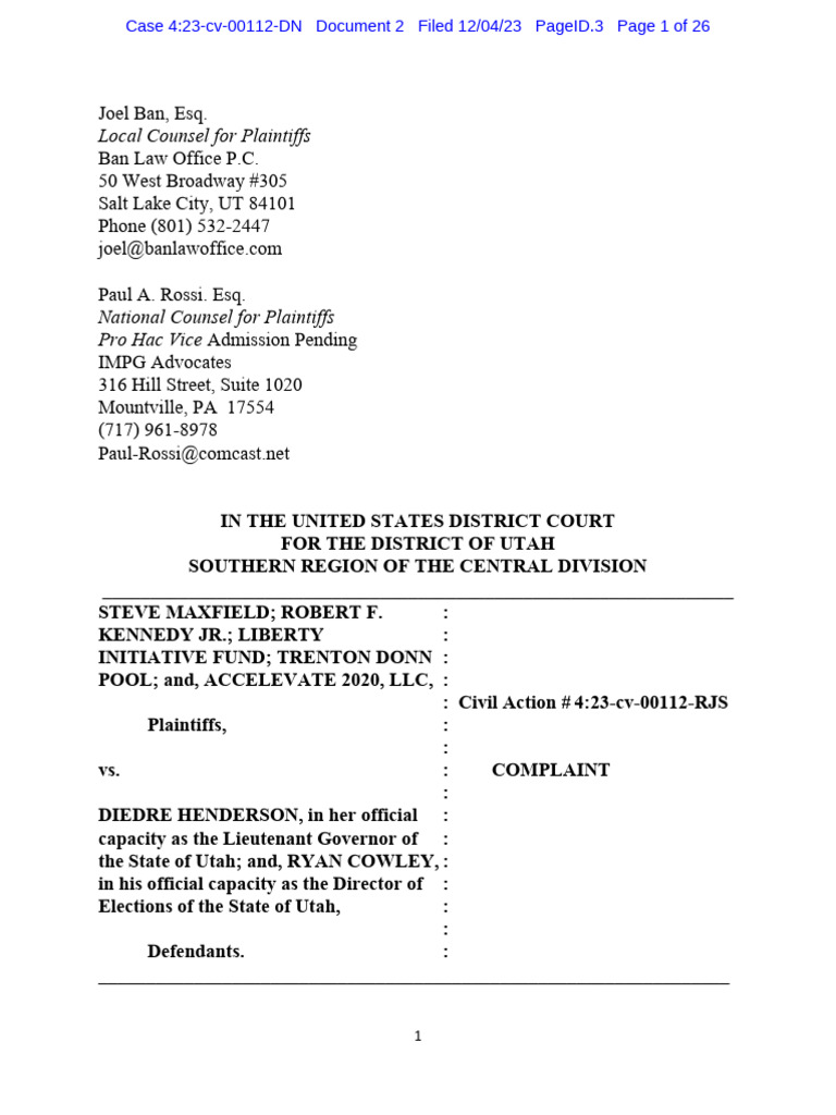 RFK Jr. Lawsuit vs. (Utah 2023) | Download Free PDF | Initiative | Fourteenth Amendment To The ...