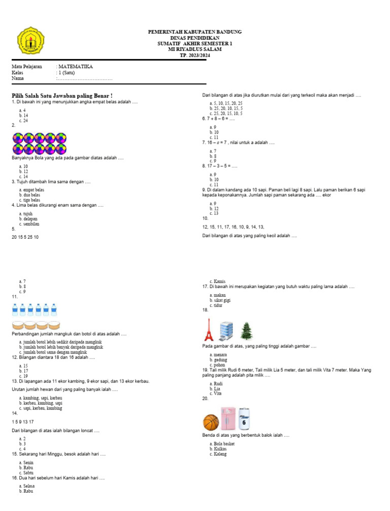 Soal Sumatif Kelas 1 MTK | PDF