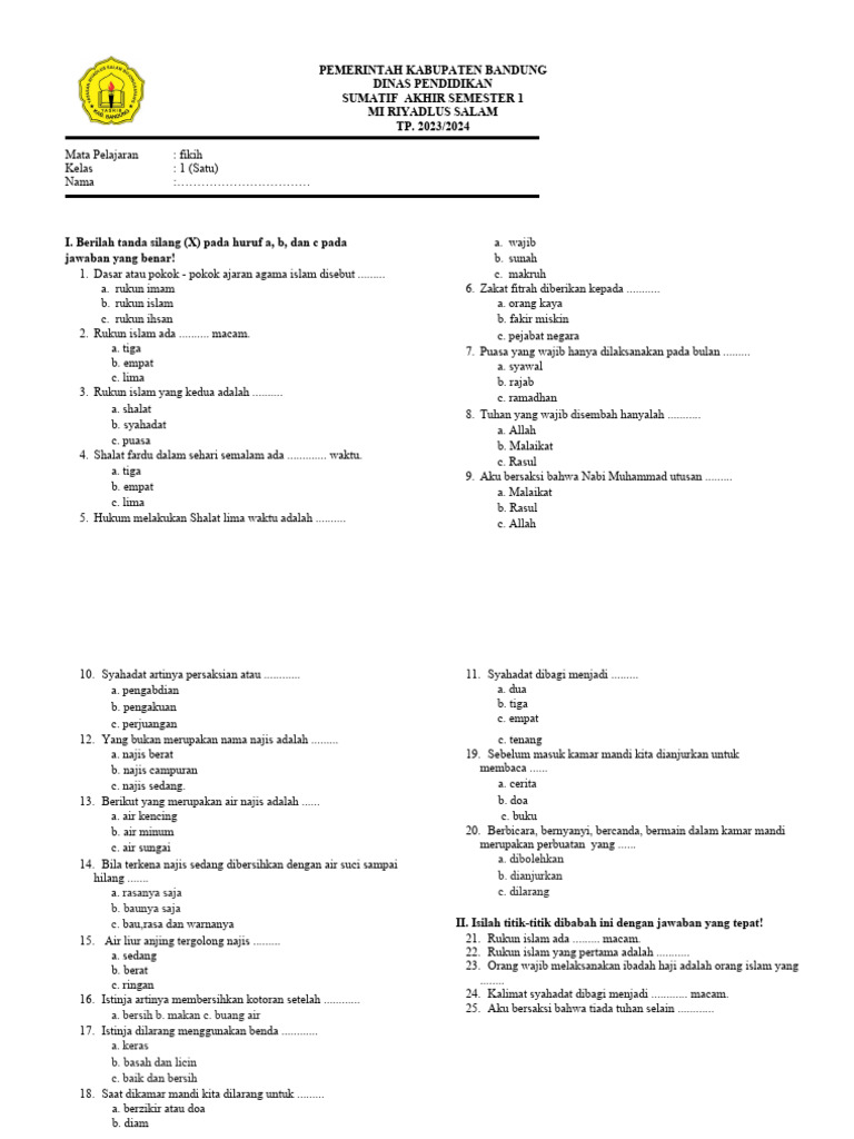 Soal Sumatif Kelas 1 Fikih | PDF