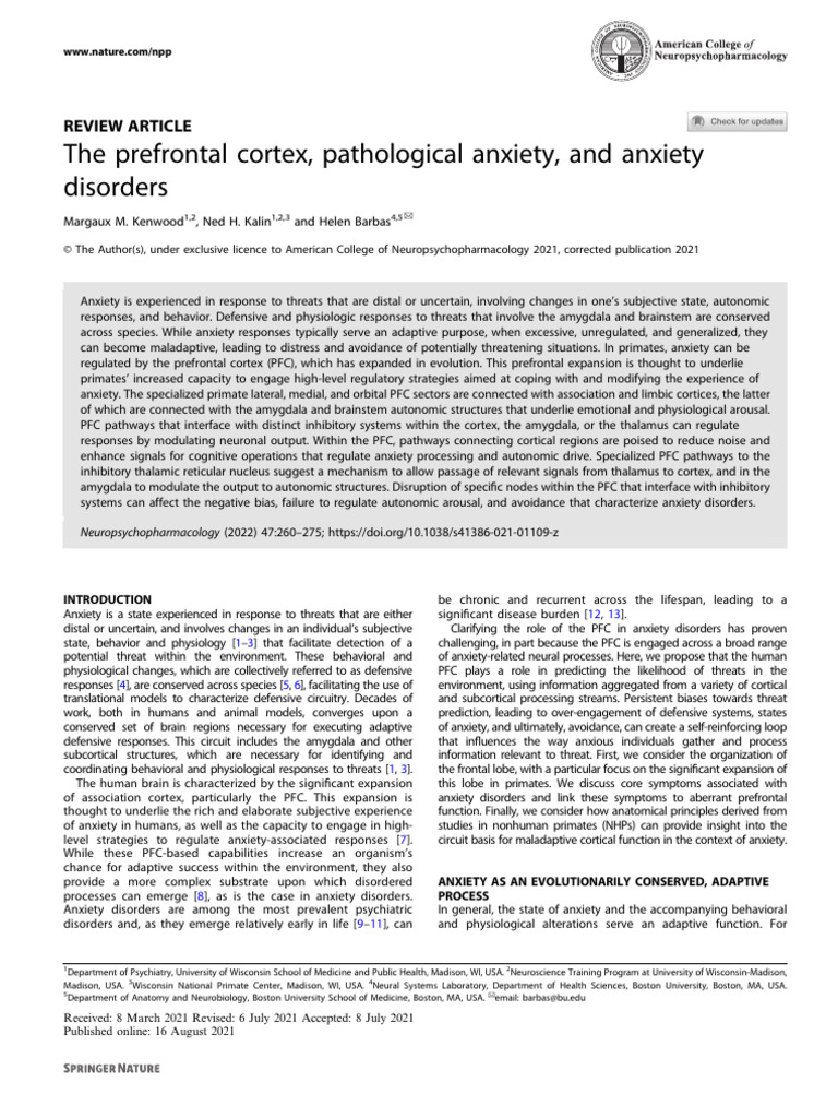 The Prefrontal Cortex, Pathological Anxiety, and Anxiety Disorders ...