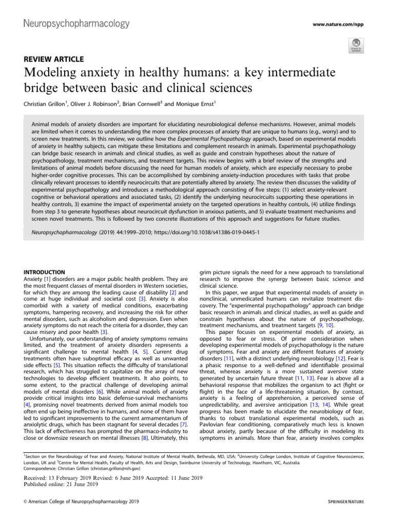 Modeling Anxiety in Healthy Humans: A Key Intermediate Bridge Between ...