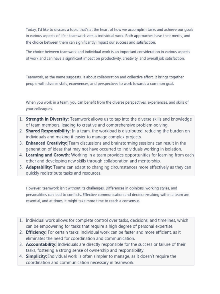 Teamwork Vs Individual Work | PDF | Creativity | Learning