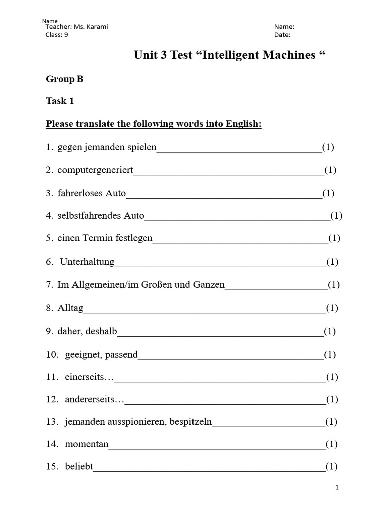 Unit 3 Group B Test 9 Klasse Pdf Artificial Intelligence