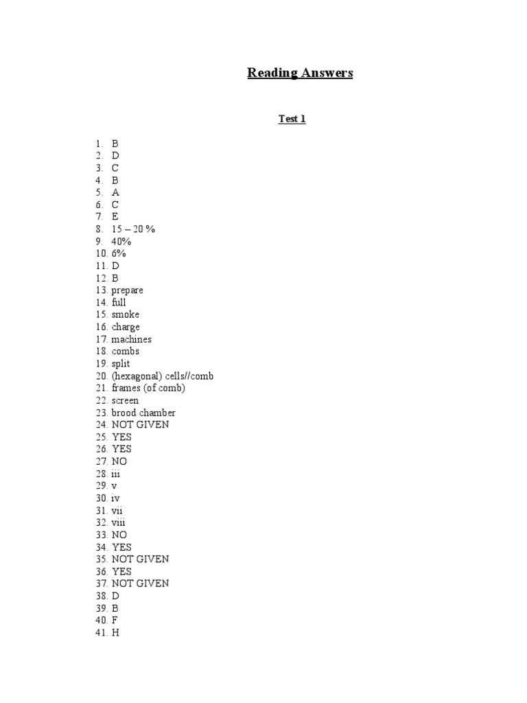 Reading Test Answer Key Compilation | PDF | Teaching Methods & Materials
