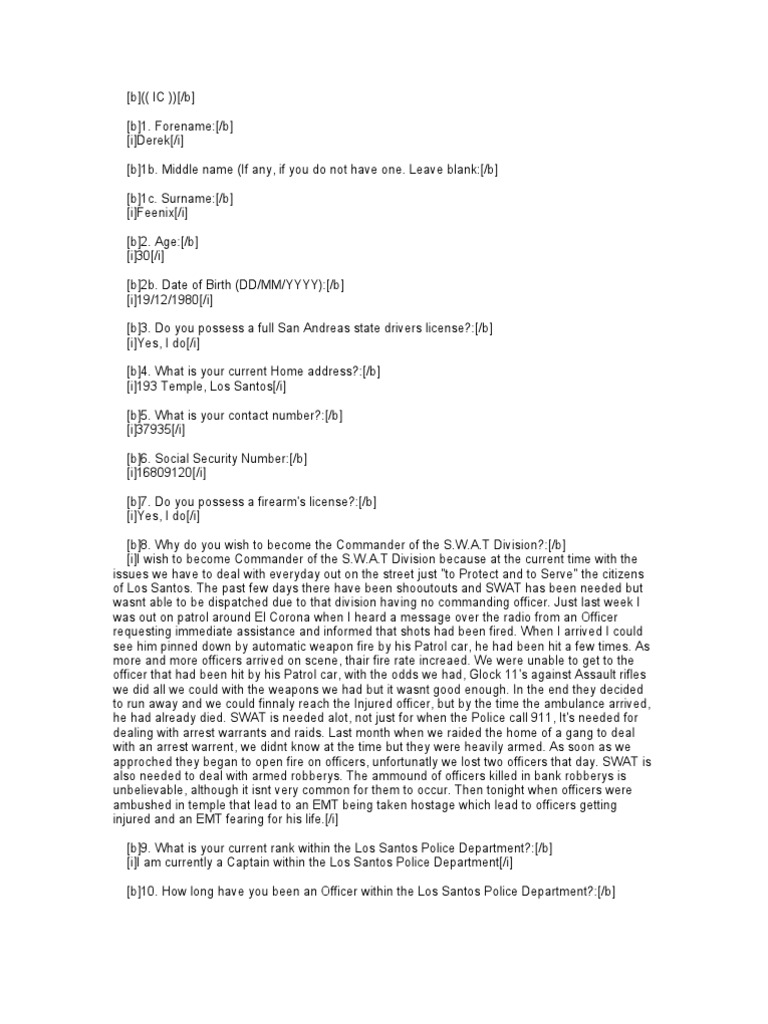 SWAT Commander Application | PDF | Swat | Law Enforcement