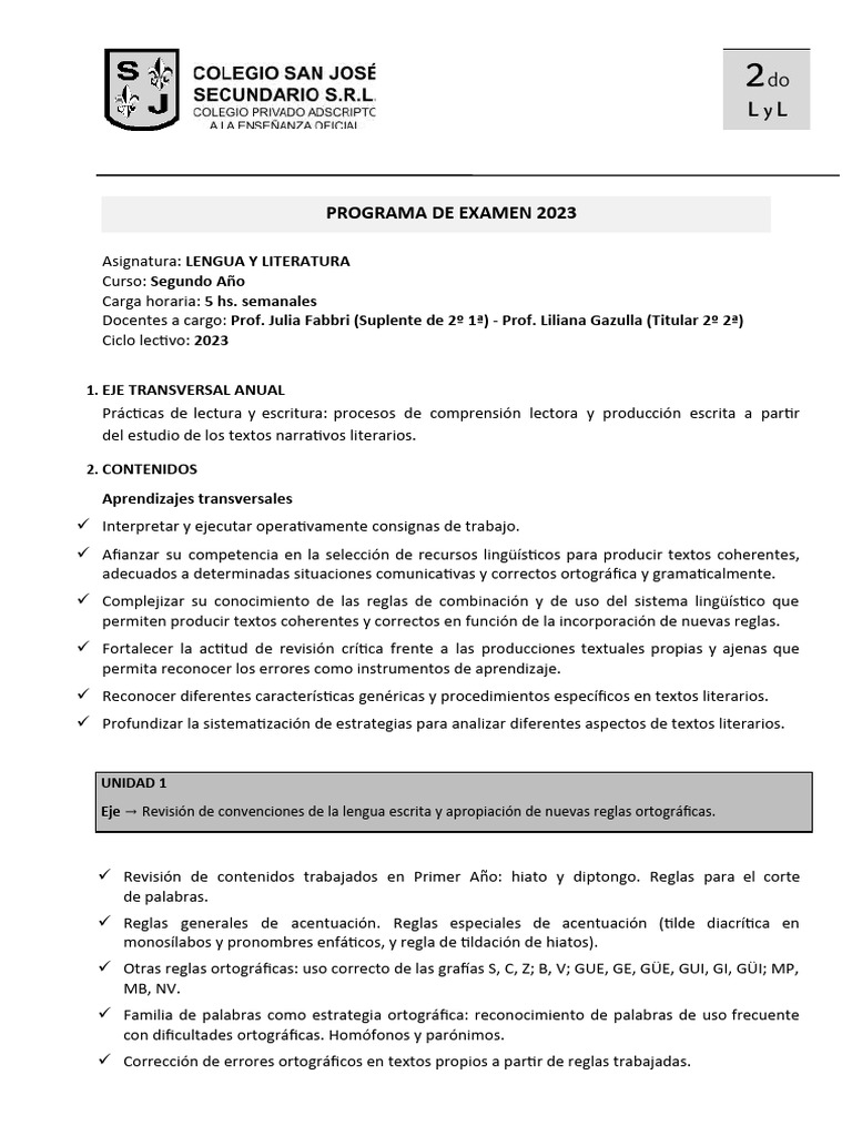 Programa de EXAMEN 2do 2023 | PDF | Narración | Ortografía