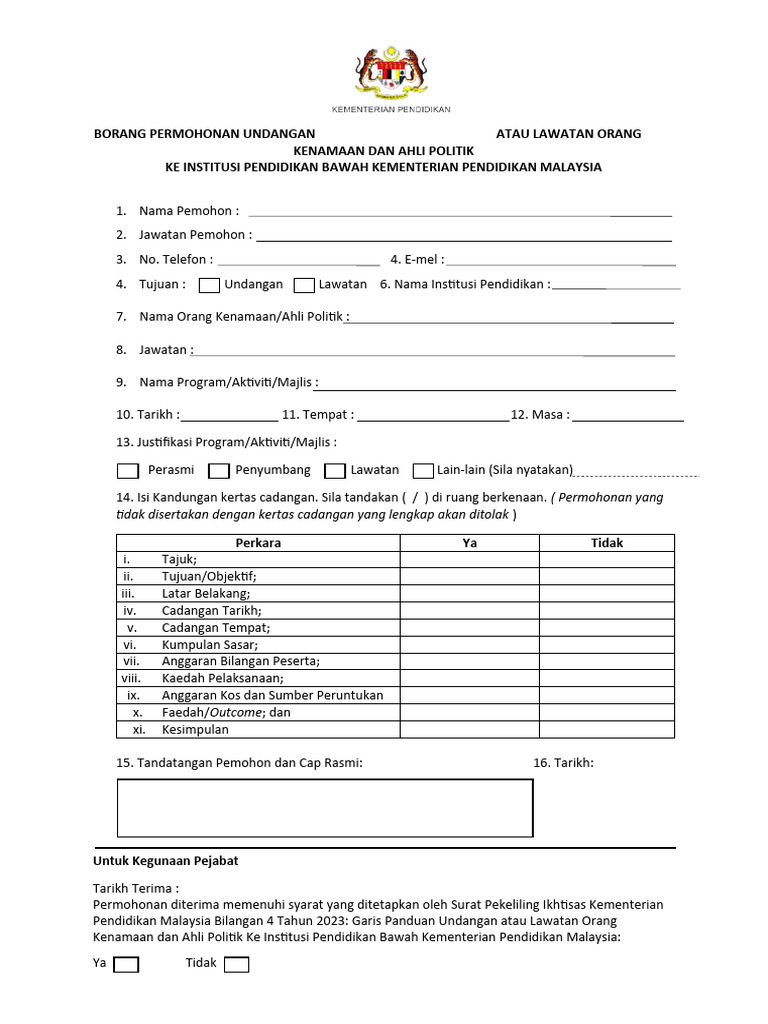 Borang Permohonan Undangan Atau Lawatan Orang Kenamaan Dan Ahli Politik ...