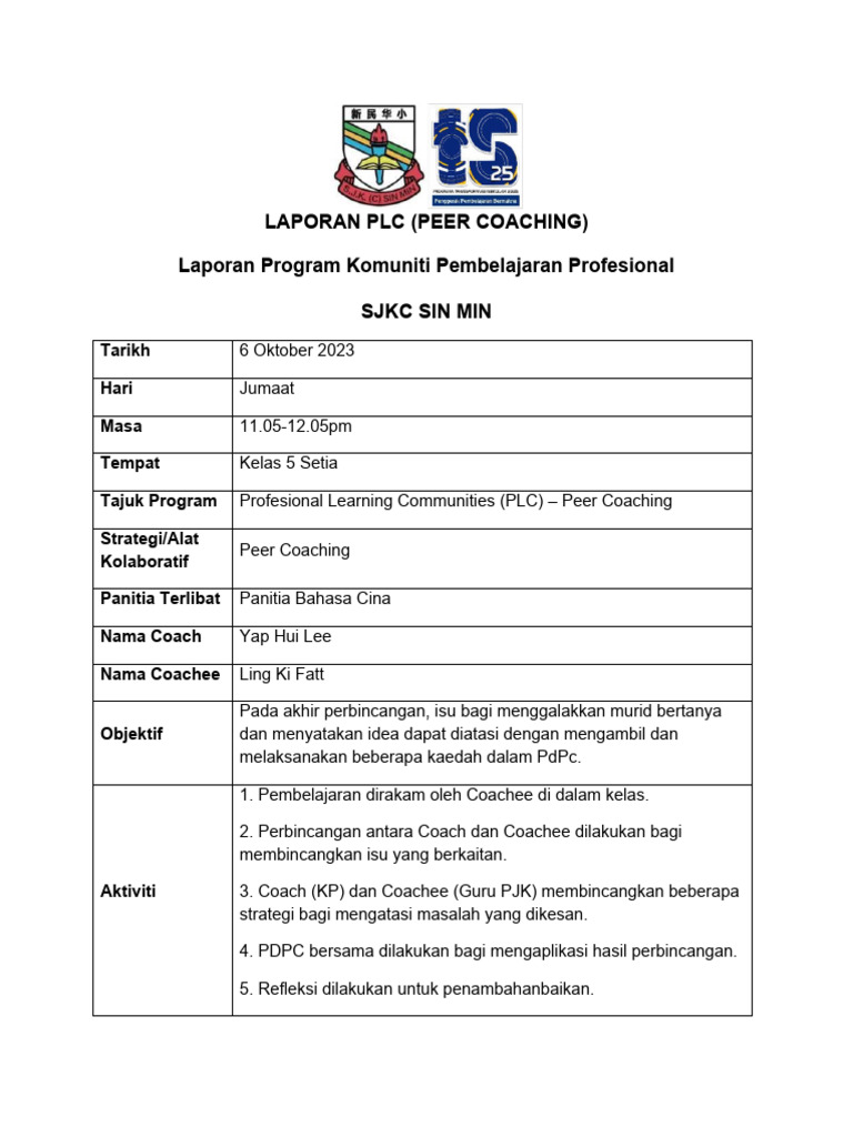 Laporan PLC (Peer Coaching) | PDF | Karier & Perkembangan