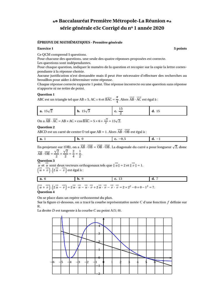 Corrigé Maths Bac 2020 - QCM & Exos | PDF
