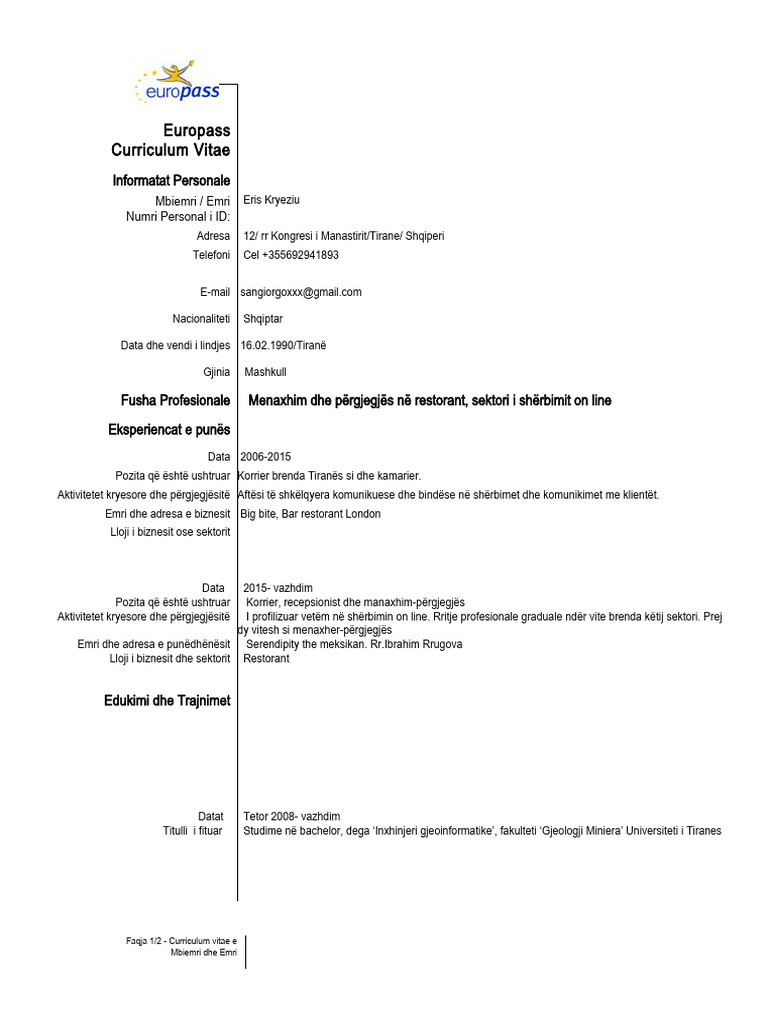 CV Europas-Shqip 3 | PDF