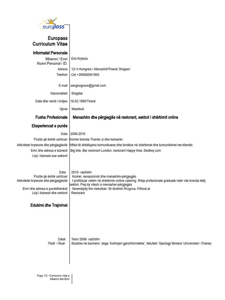 CV Europas Shqip | PDF