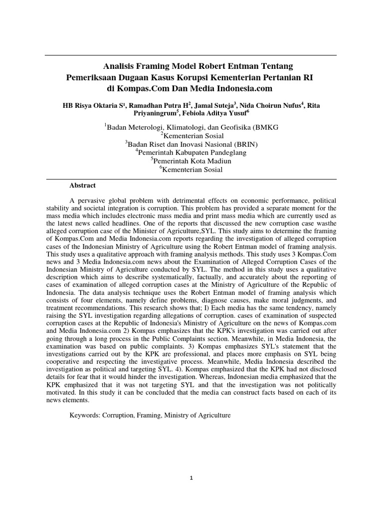Analisis Framing Model Robert Entman Tentang Pemeriksaan Dugaan Kasus Korupsi Kementerian ...