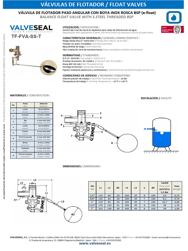 Valvula de Flotador Paso Angular Con Boya Inox Rosca BSP e Float ...