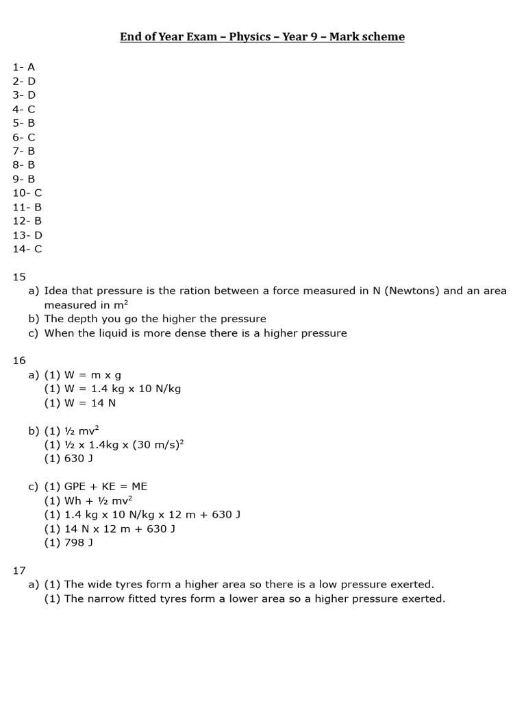 End of Year Exam - Physics - Year 9 - Mark Scheme | PDF
