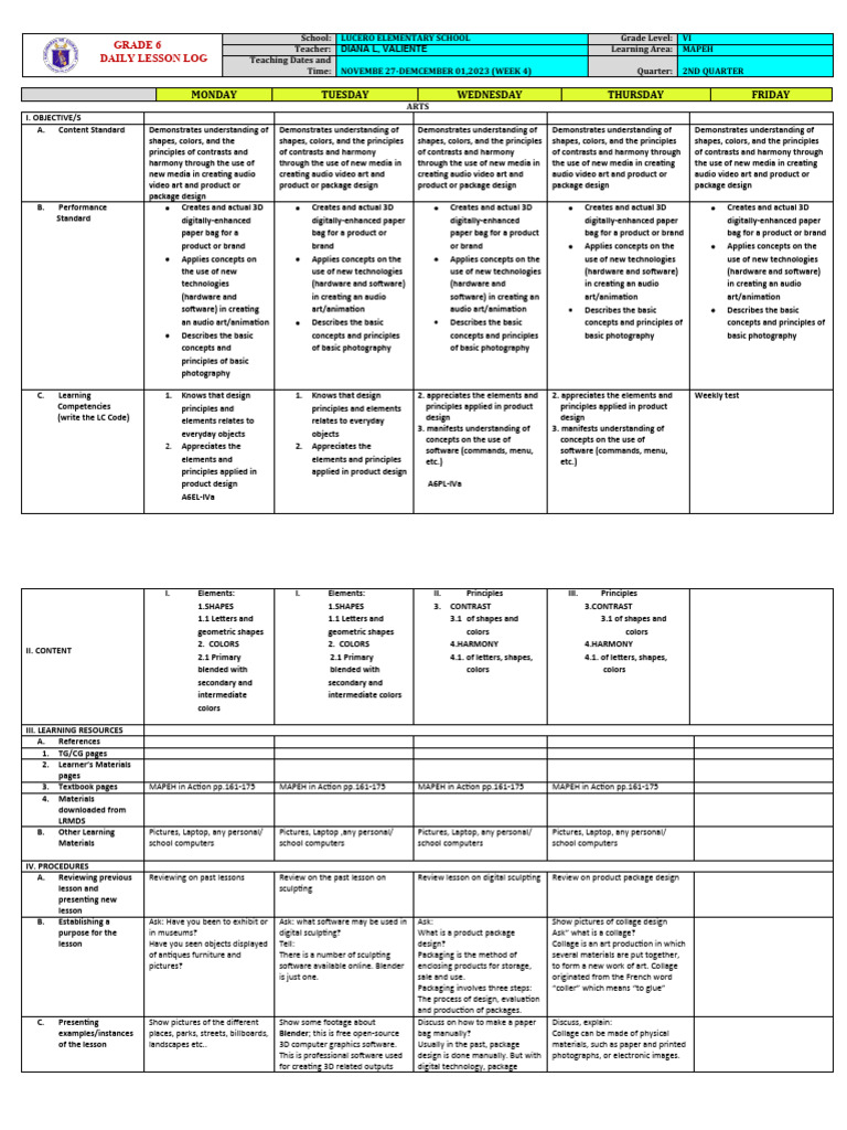 DLL Mapeh 6 q2 w4 Arts Straight | PDF | 3 D Computer Graphics | Collage