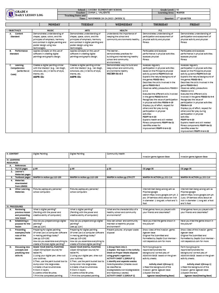 DLL - Mapeh 6 - Q2 - W3 | PDF | Learning | Waste