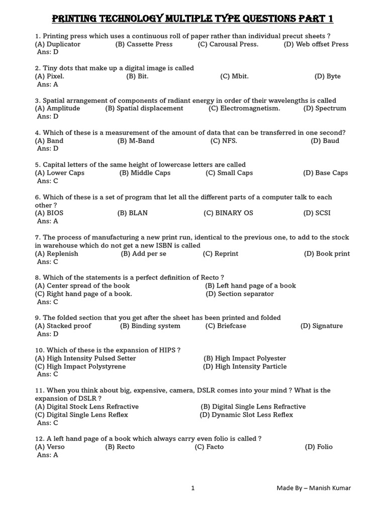 Printing Technology MCQs Part 1 | PDF | Camera | Film Speed