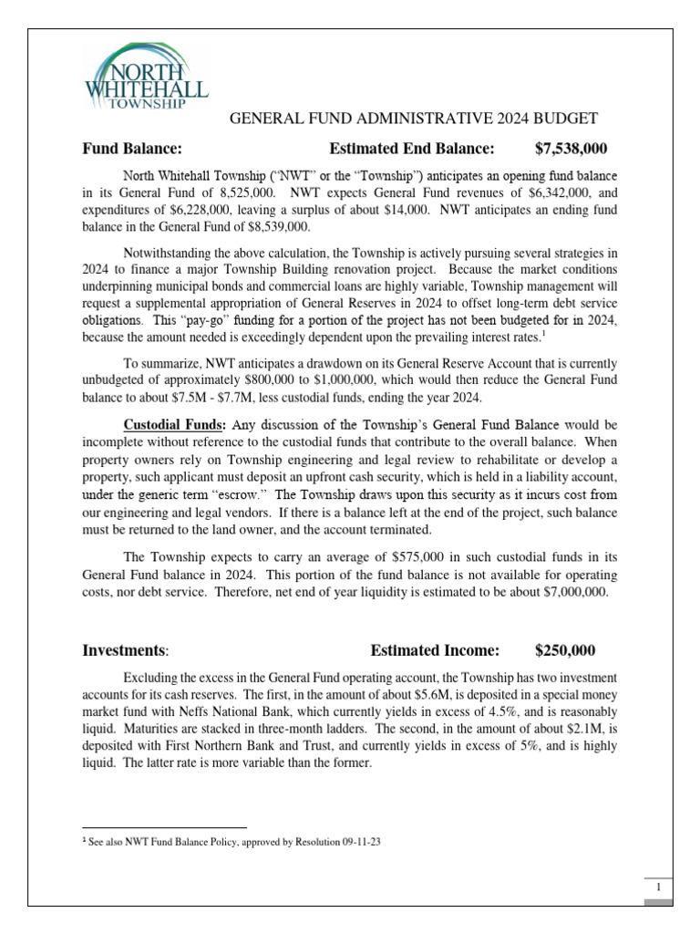 North Whitehall 2024 Final Budget | PDF | Taxes | Fund Accounting