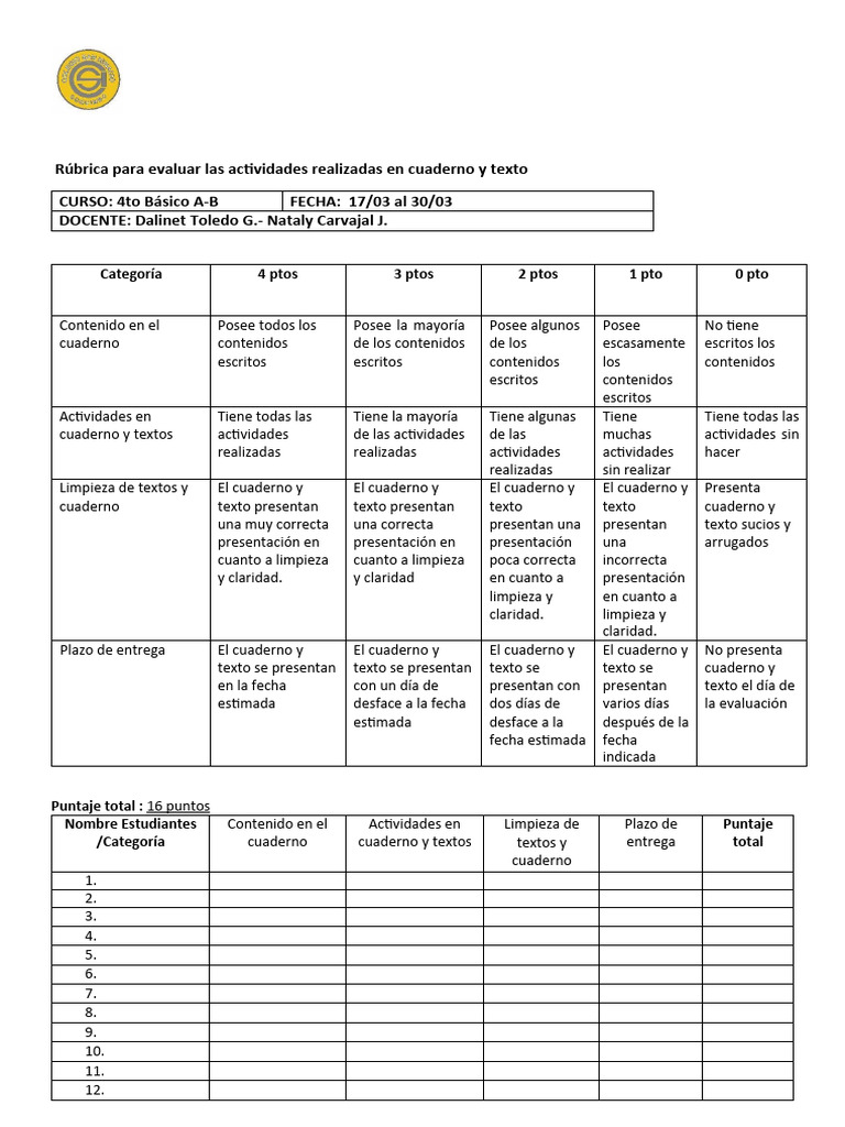 4° Rubrica Cuaderno | PDF