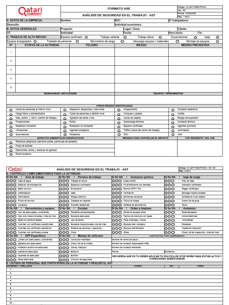 QAT-SGS-FO-04 Análisis de Seguridad en El Trabajo - AST Ver. 00 | PDF ...