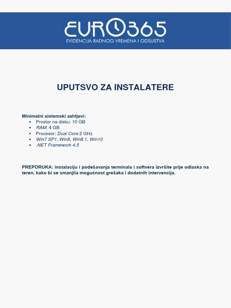 EVRO365 - Uputstvo Za Instalatere | PDF