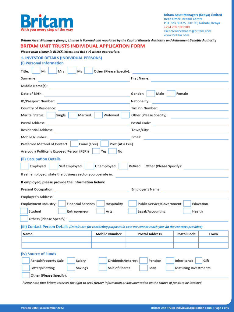 Britam Unit Trusts Application Form | PDF | Investment Fund | Investing