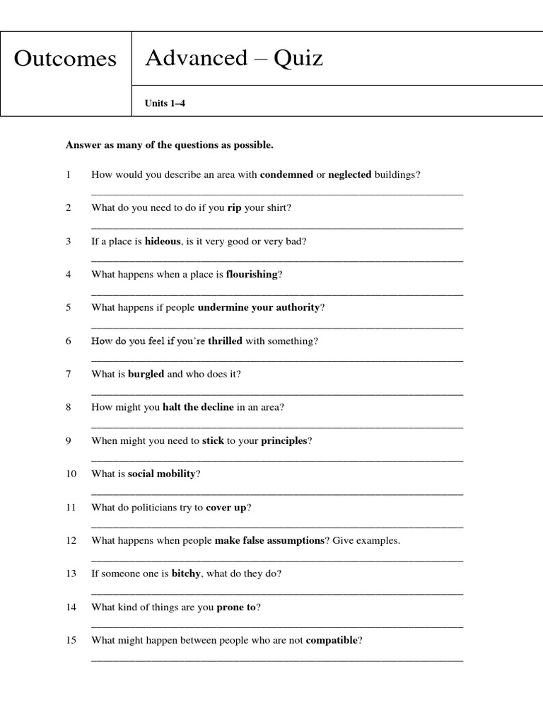 OUTCOMES Advanced Quiz 1 | PDF