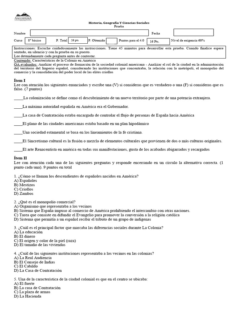 Prueba 8 Básico Unidad 2 | PDF | España | Imperio español