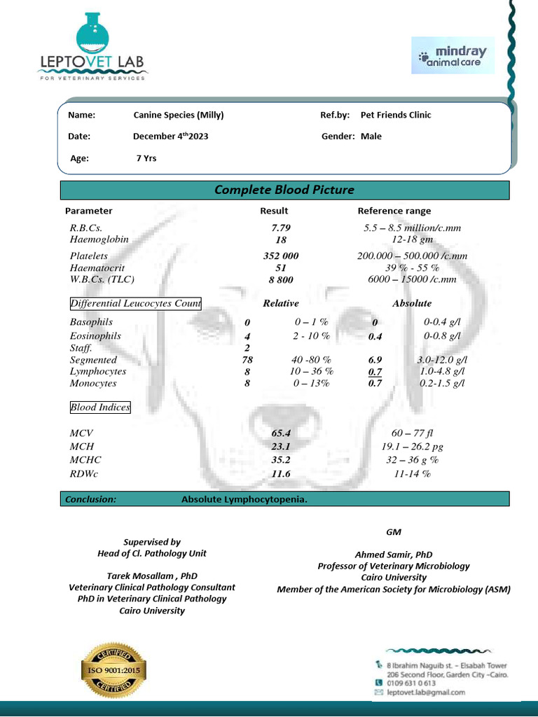Pet Friends Milly Dog CBC Chemistry 4 Dec 23-1 | PDF | Medical ...