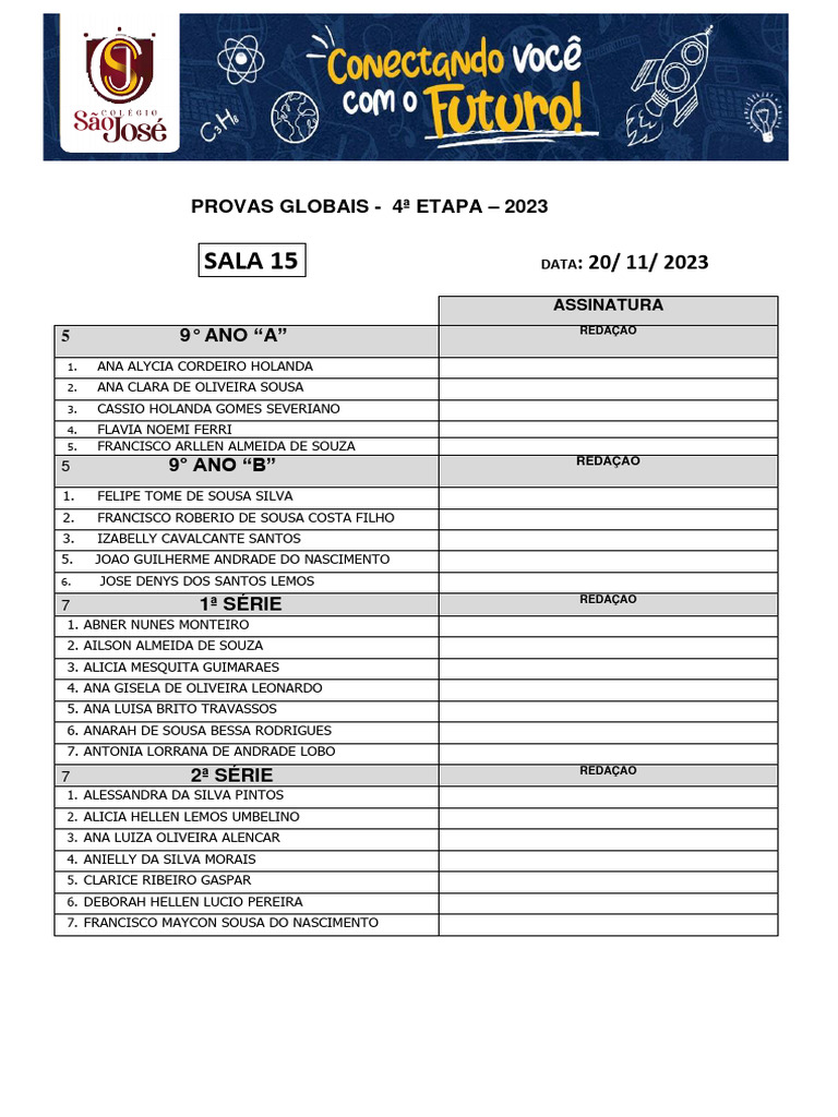 Frequência Mapa de Sala Provas Globais Tarde 2023 | PDF