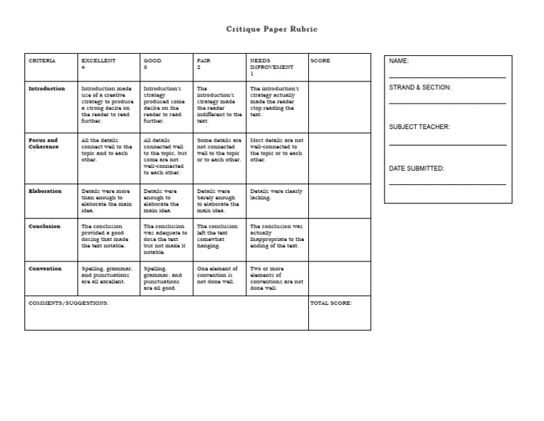 Rubric For Crtique Paper | PDF | Rubric (Academic) | Human Communication