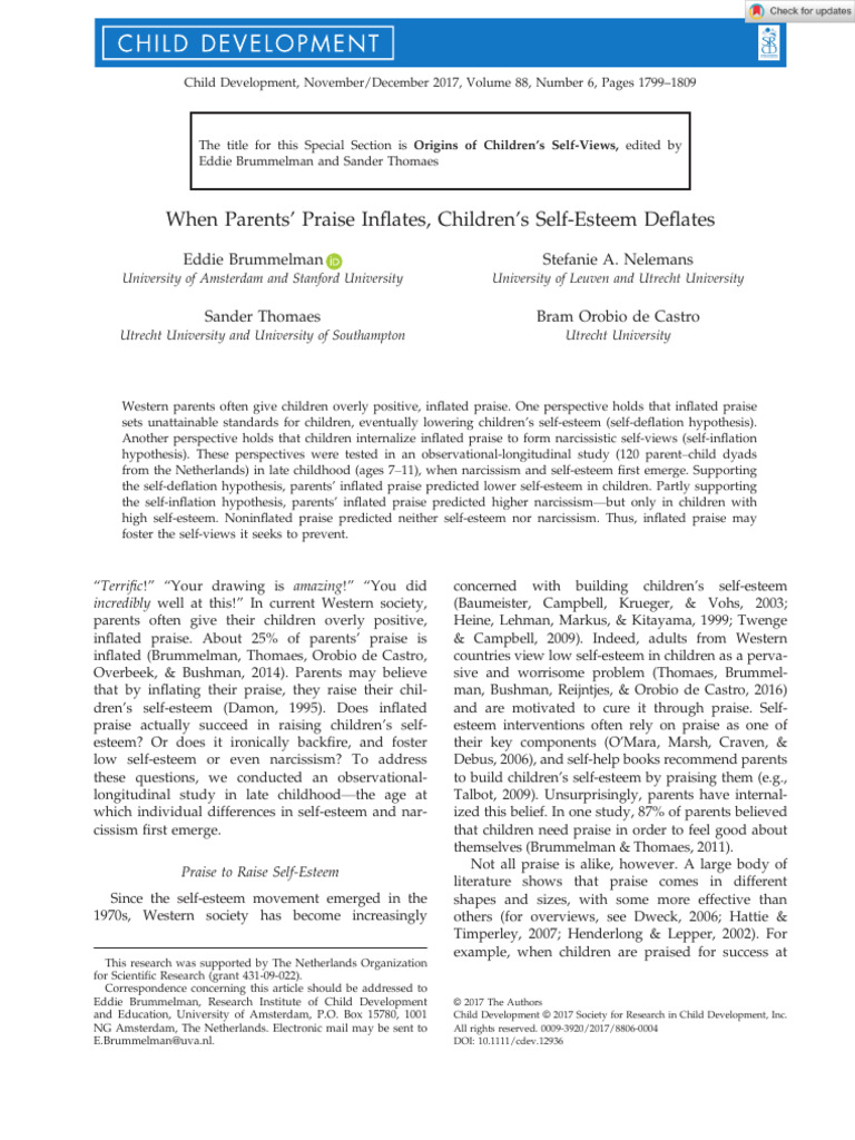 Child Development - 2017 - Brummelman | PDF | Self Esteem | Narcissism