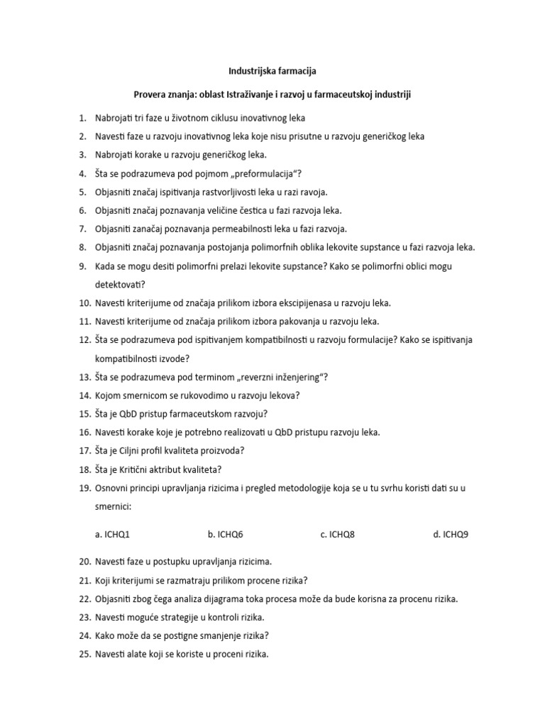 Industrijska Farmacija Pitanja 1 | PDF