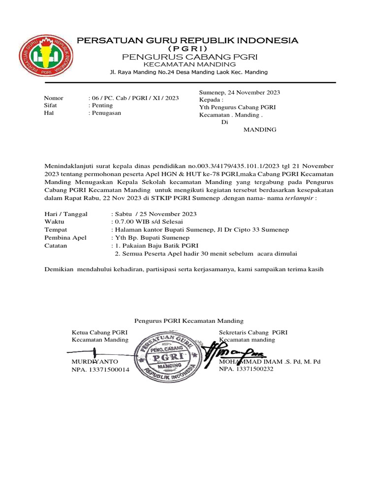 Surat Tugas HGN Pgri | PDF