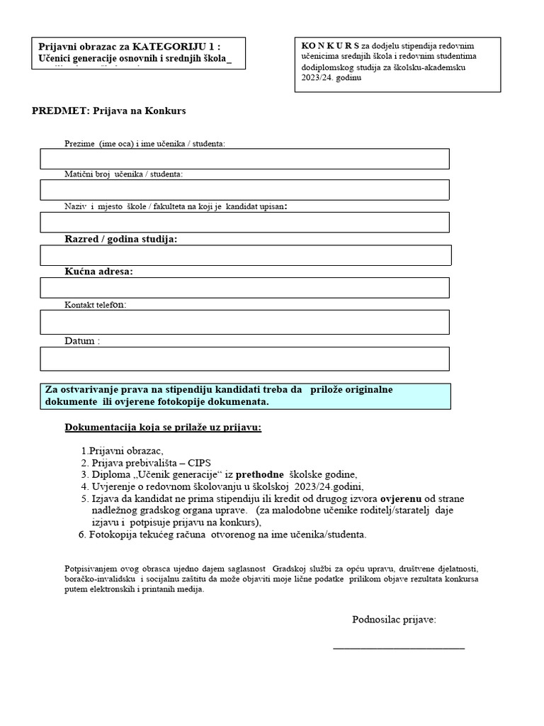 Prijavni Obrazac - Kategorija 1-Učenici Generacije | PDF