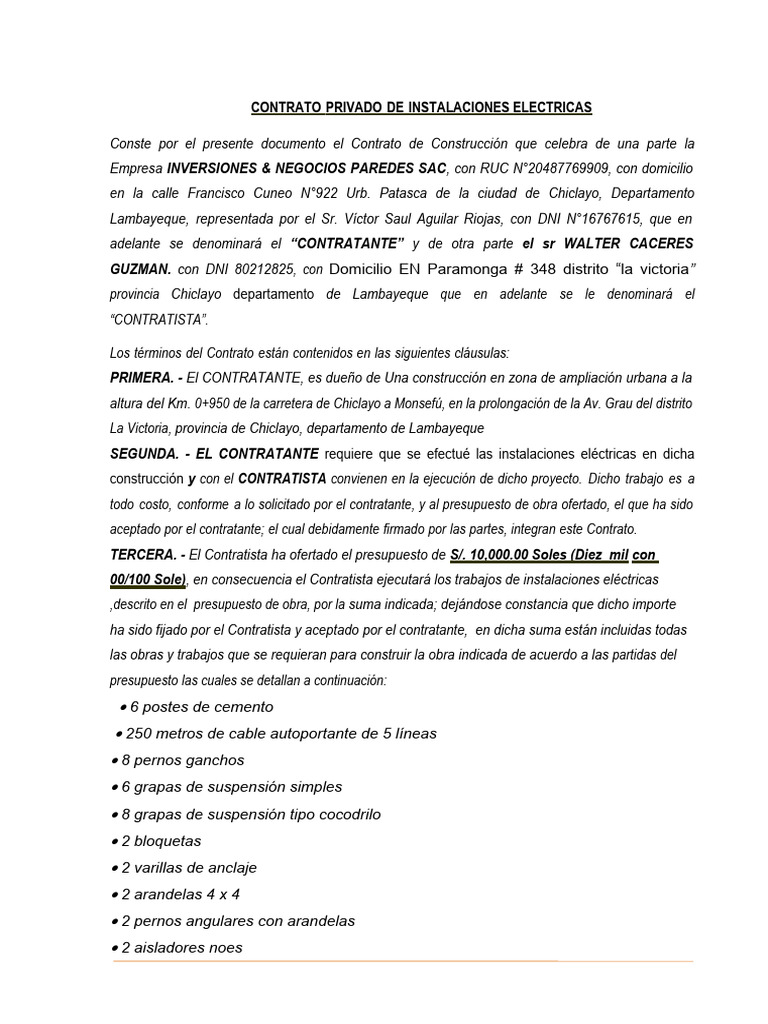 Contrato de Instalaciones Electricas | PDF | Tecnología e ingeniería Contrato de Instalaciones Electricas | PDF | Tecnología e ingeniería