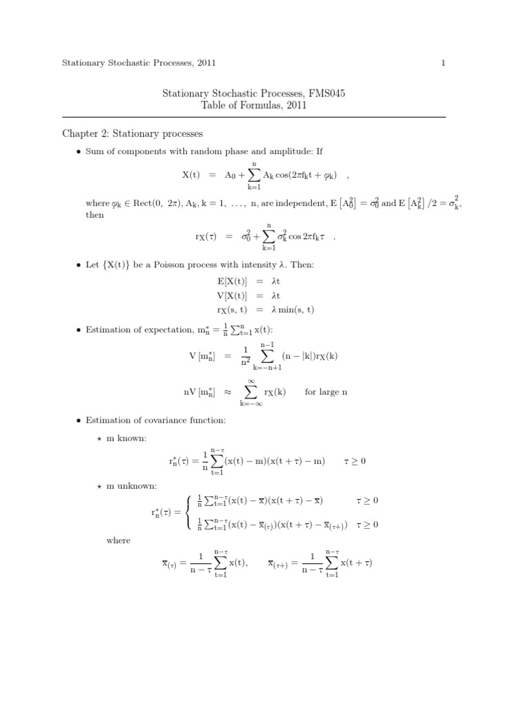 Stationary Stochastic Processes, FMS045 Table of Formulas, 2011 | PDF ...