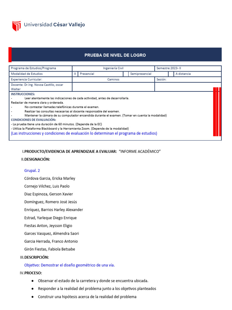 Prueba de Nivel de Logro Grupo n2 | PDF | La carretera | Infraestructura