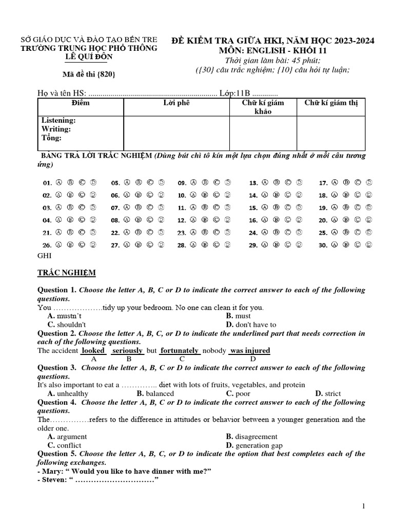 Họ và tên HS: Lớp:11B: Đề KiểM Tra Giữa Hki, Năm Học 2023-2024 MÔN | PDF | Infection | Virus