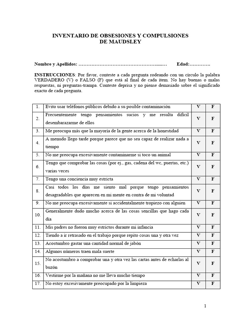 Inventario de Obsesiones y Compulsiones | PDF