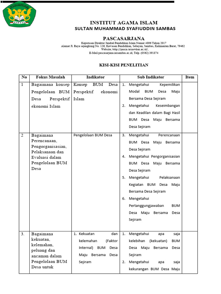 Kisi-Kisi Penelitian | PDF