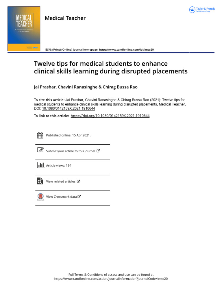 Twelve Tips For Medical Students To Enhance Clinical Skills Learning ...